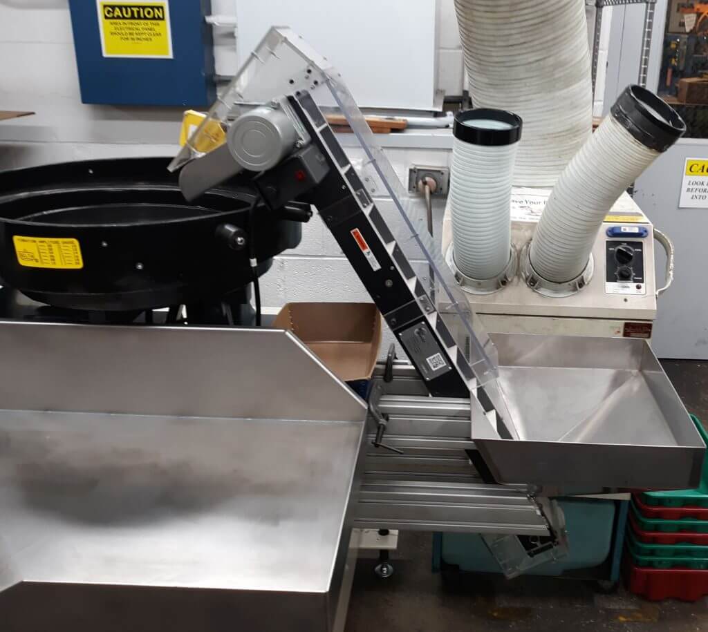 Lite Conveyor from Hopper to Vibratory Bowl - Mini-Mover Conveyors